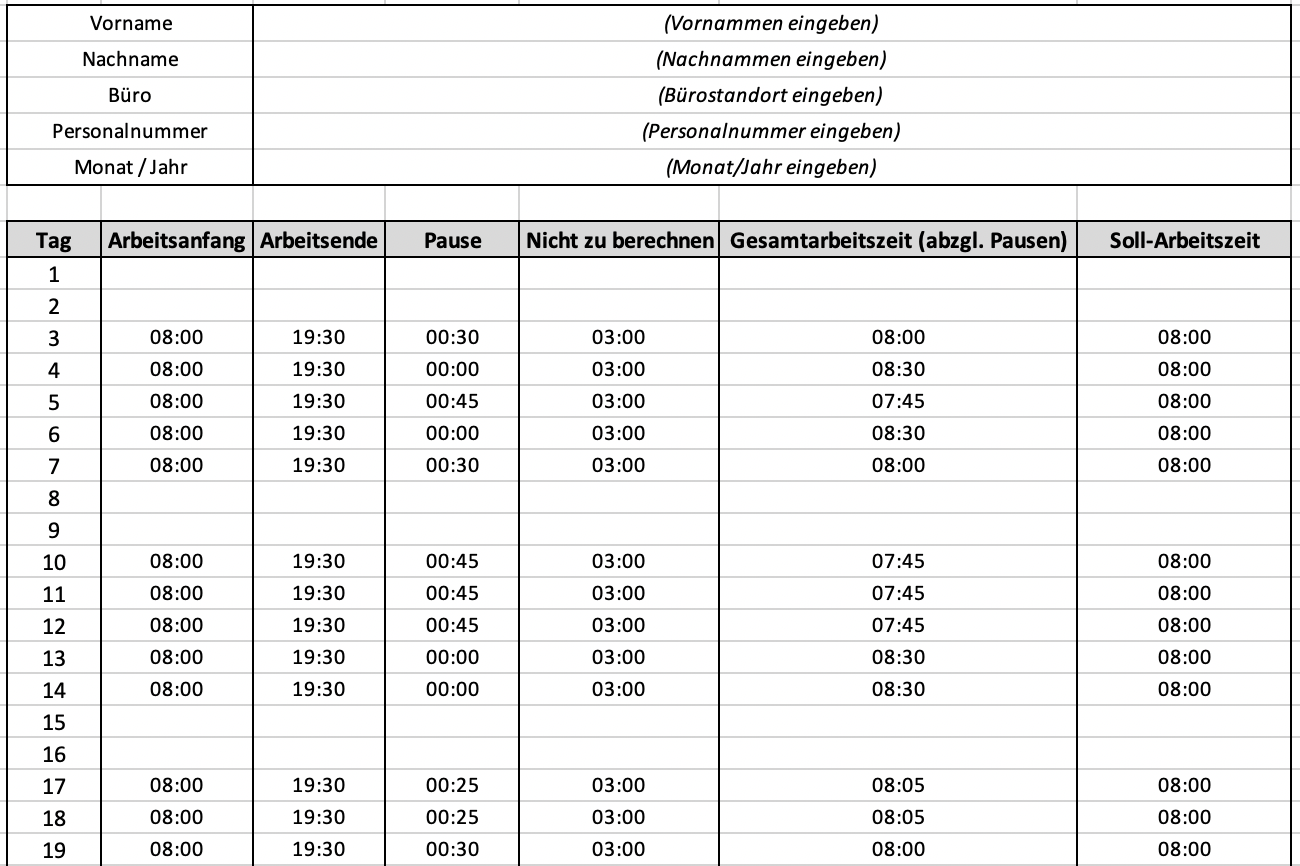 Kostenlose Arbeitszeiterfassung Vorlage für Excel [2025]